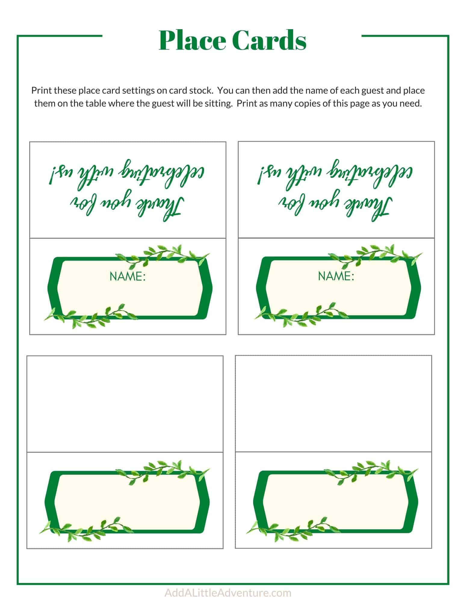Printable Place Cards - Add A Little Adventure