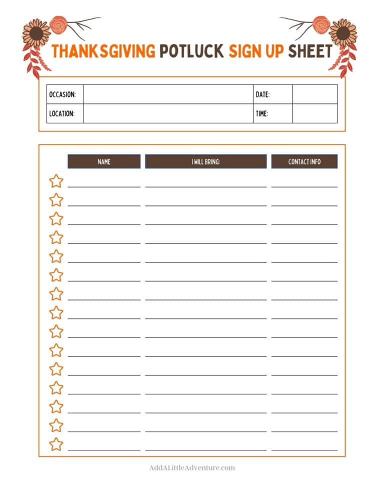 Thanksgiving Potluck Sign-Up Sheets (Free Printables) - Add A Little ...