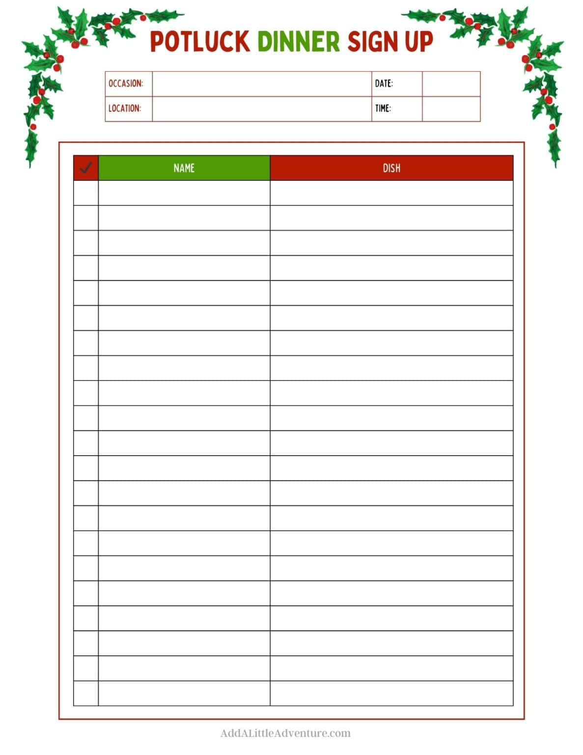 Christmas Potluck Sign-Up Sheets (Free Printables)