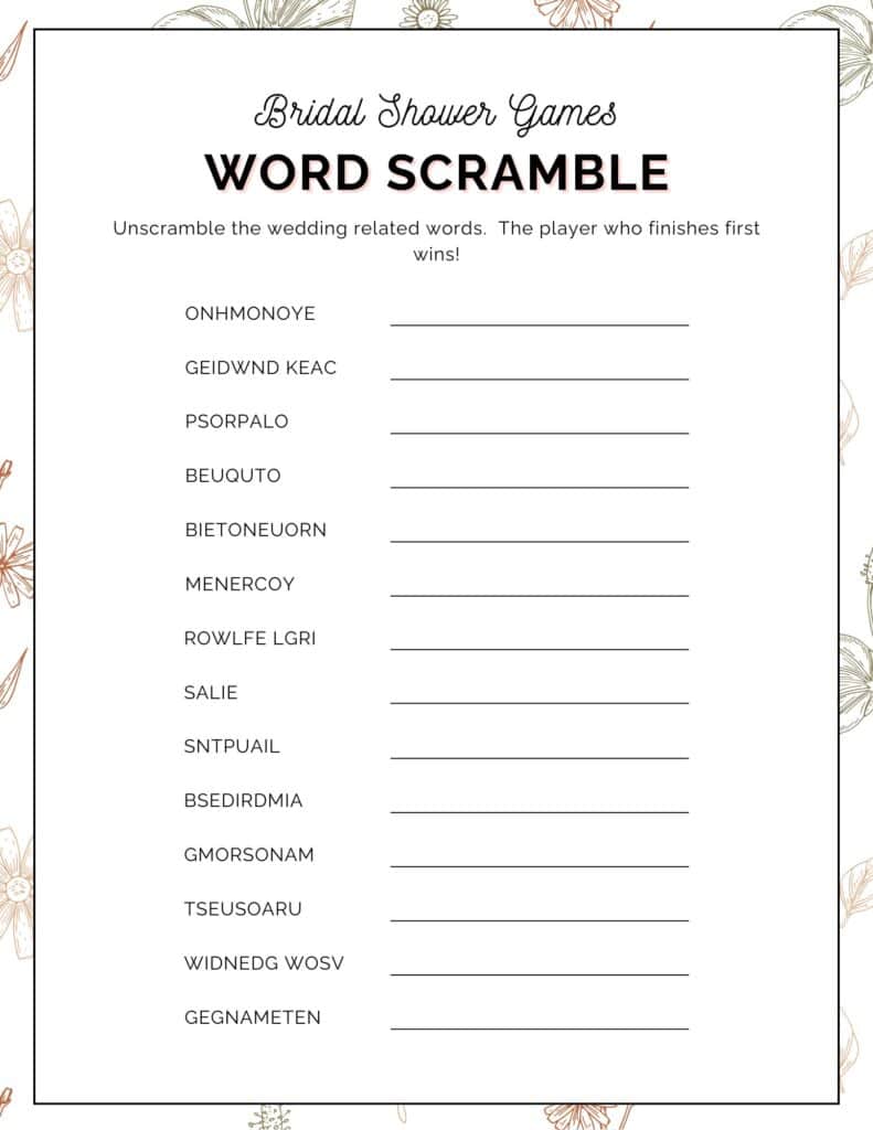 Free Printable Bridal Shower Word Scramble Game Free Printable Bridal Shower Word Scramble Game