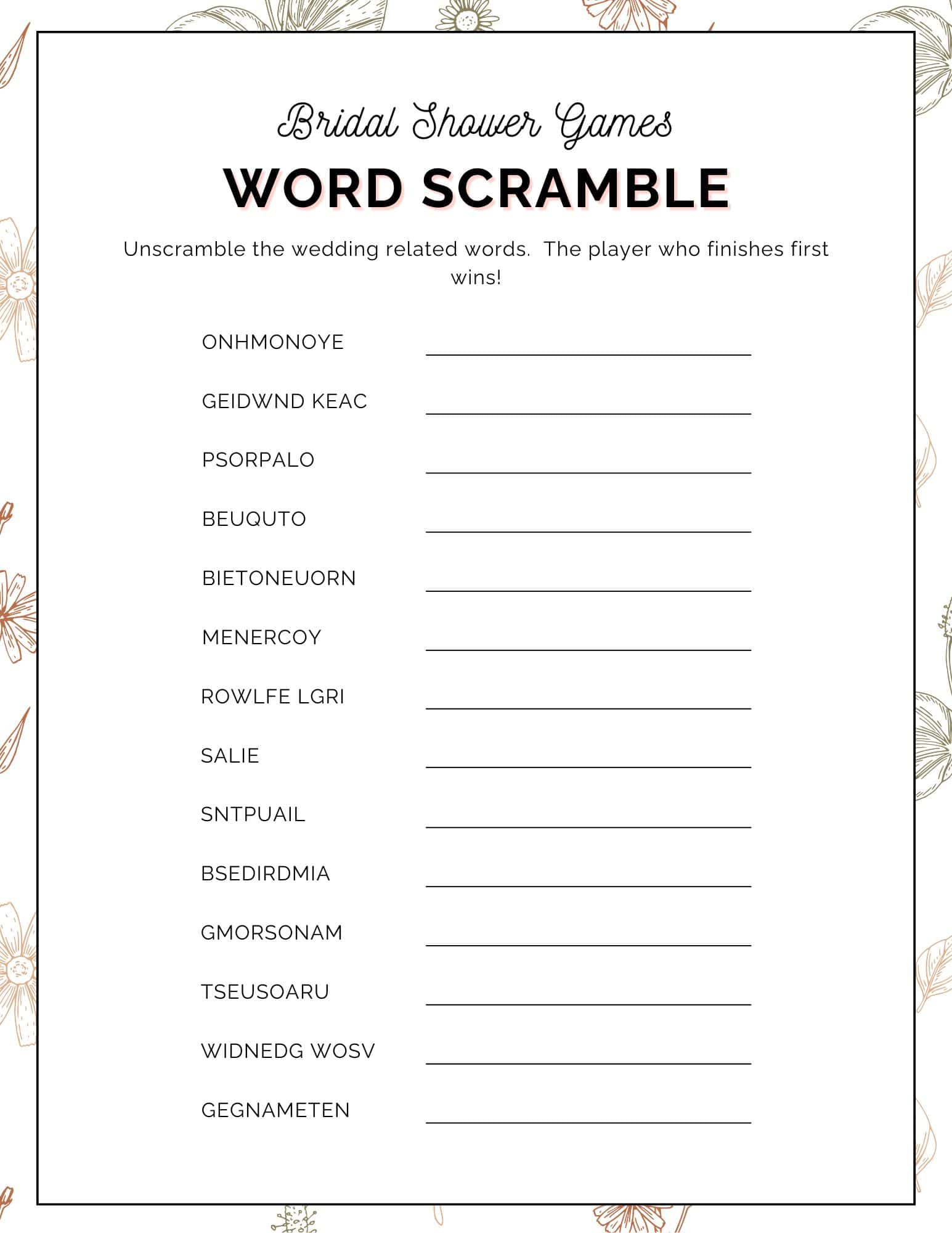 Free Printable Bridal Shower Word Scramble Game
