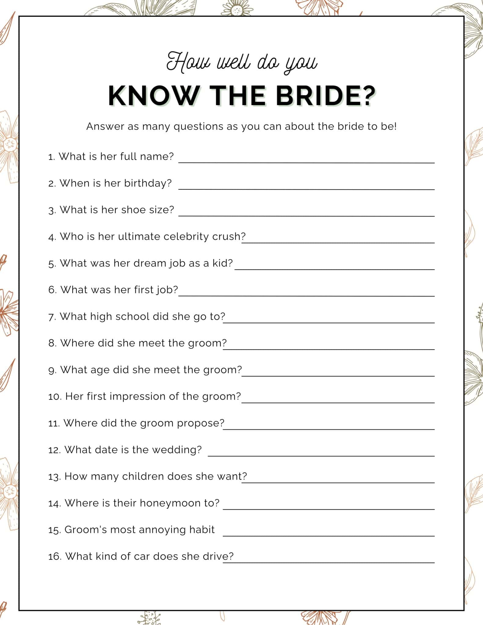 Free Printable "How Well Do You Know the Bride?" Bridal Shower Game