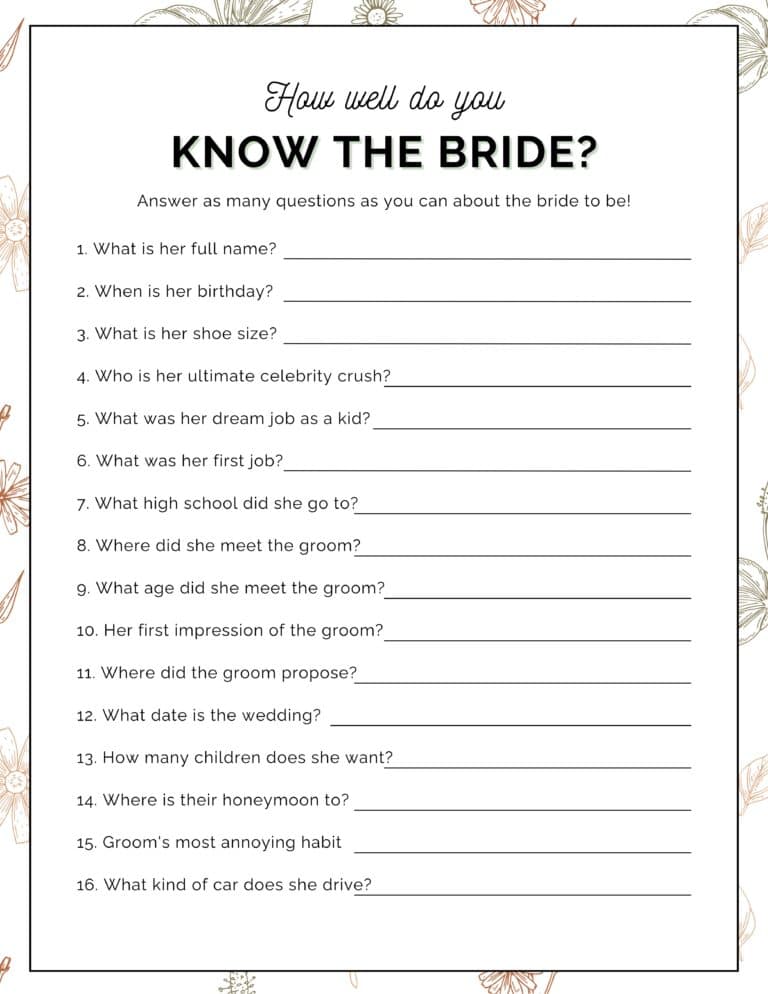 Free Printable "How Well Do You Know the Bride?" Bridal Shower Game