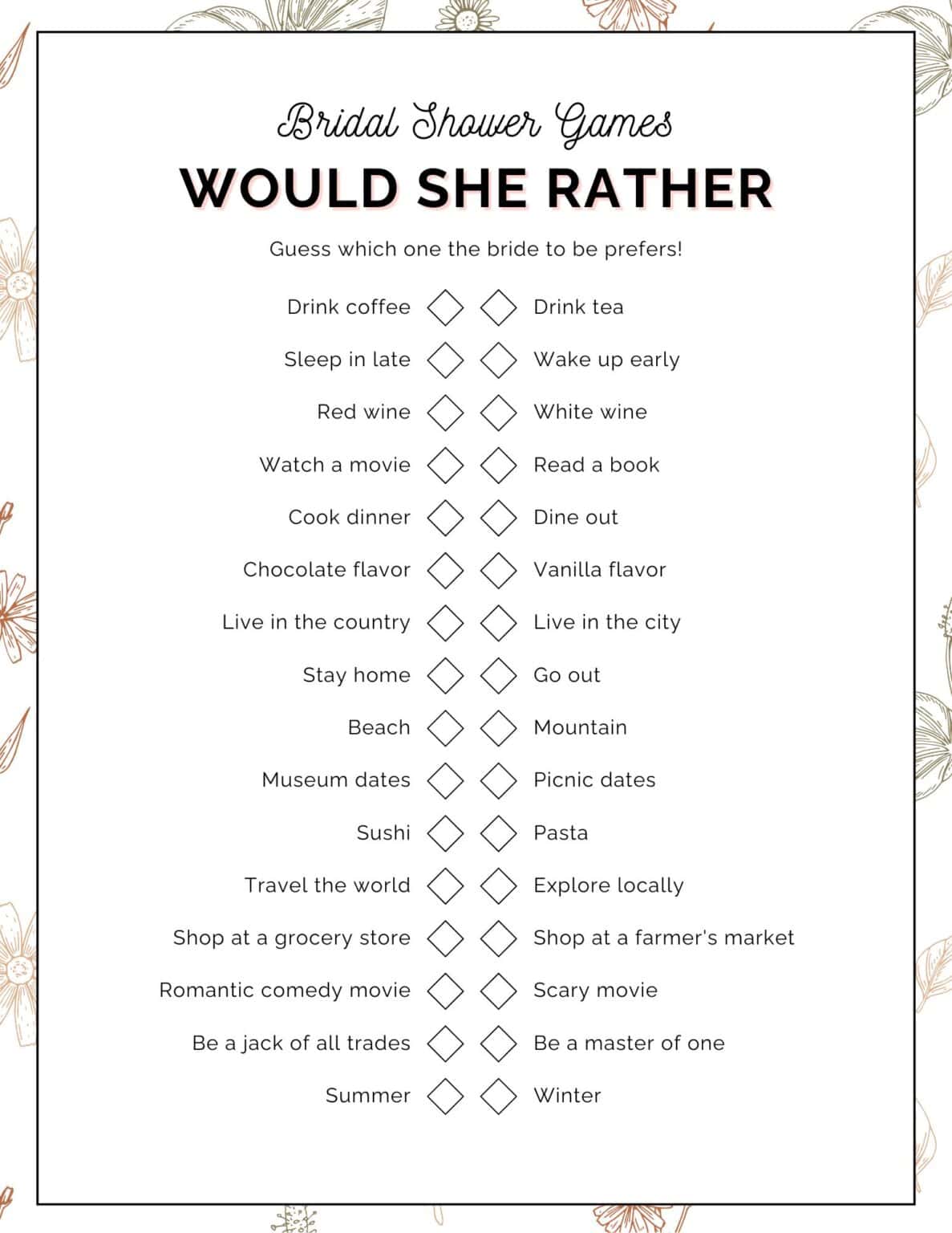 Free Printable: "Would She Rather?" Bridal Shower Game