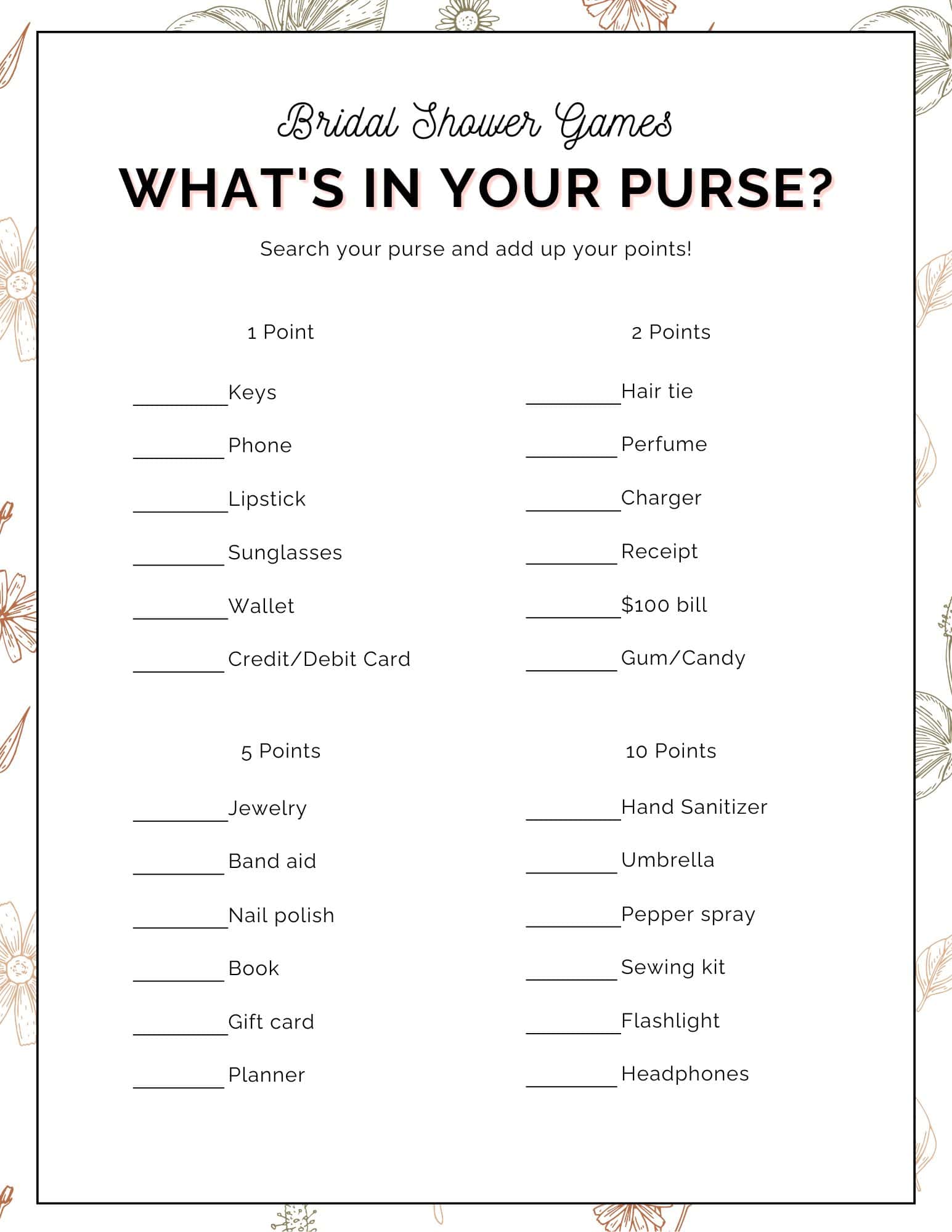 Fun and Free Printable Bridal Shower Game: What's in Your Purse?