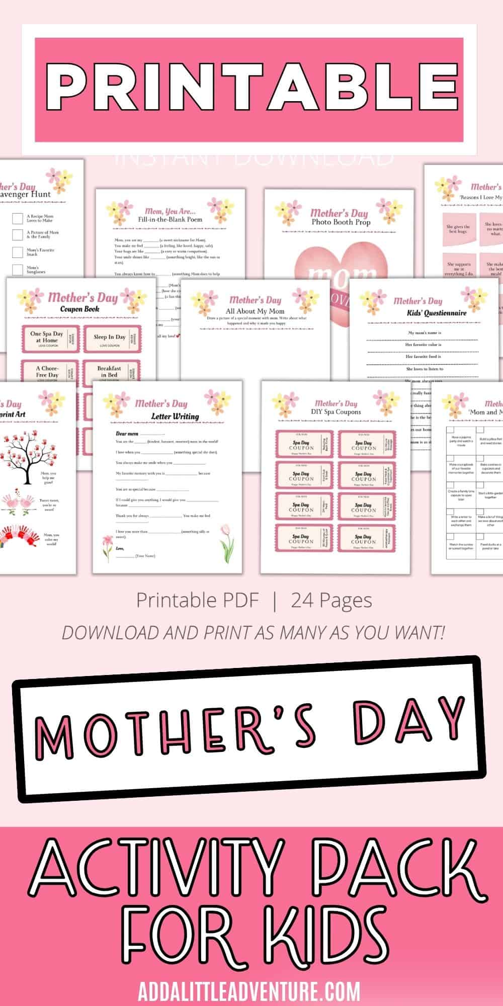Mother’s Day Activity Pack for Kids (24 Printable Pages, Games, Cards ...